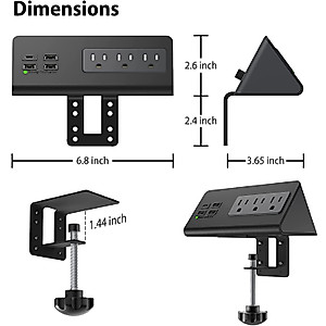 Electriduct Edge Mount Nightstand Charger 6 Amp 1 USB-C Charging Port + 3 USB-A Charging Ports, 3 AC Power Strip Outlets Clamp Desk Power Center - Black