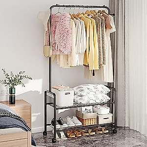 JIUYOTREE Rolling Clothes Rack 35.4 Inches Freestanding Metal Clothing Rack with 2-Tier Storage Racks Garment Coat Rack with Wheels for Clothes Shoes Hats Bags Black