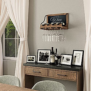 brightmaison BGT Colmar Wall Wine Rack, Wine Glass Holder & Bottle Rack with Chalk Board Sign, 4 Bottles Wine Storage, Rustic Wall Décor, Wood Walnut