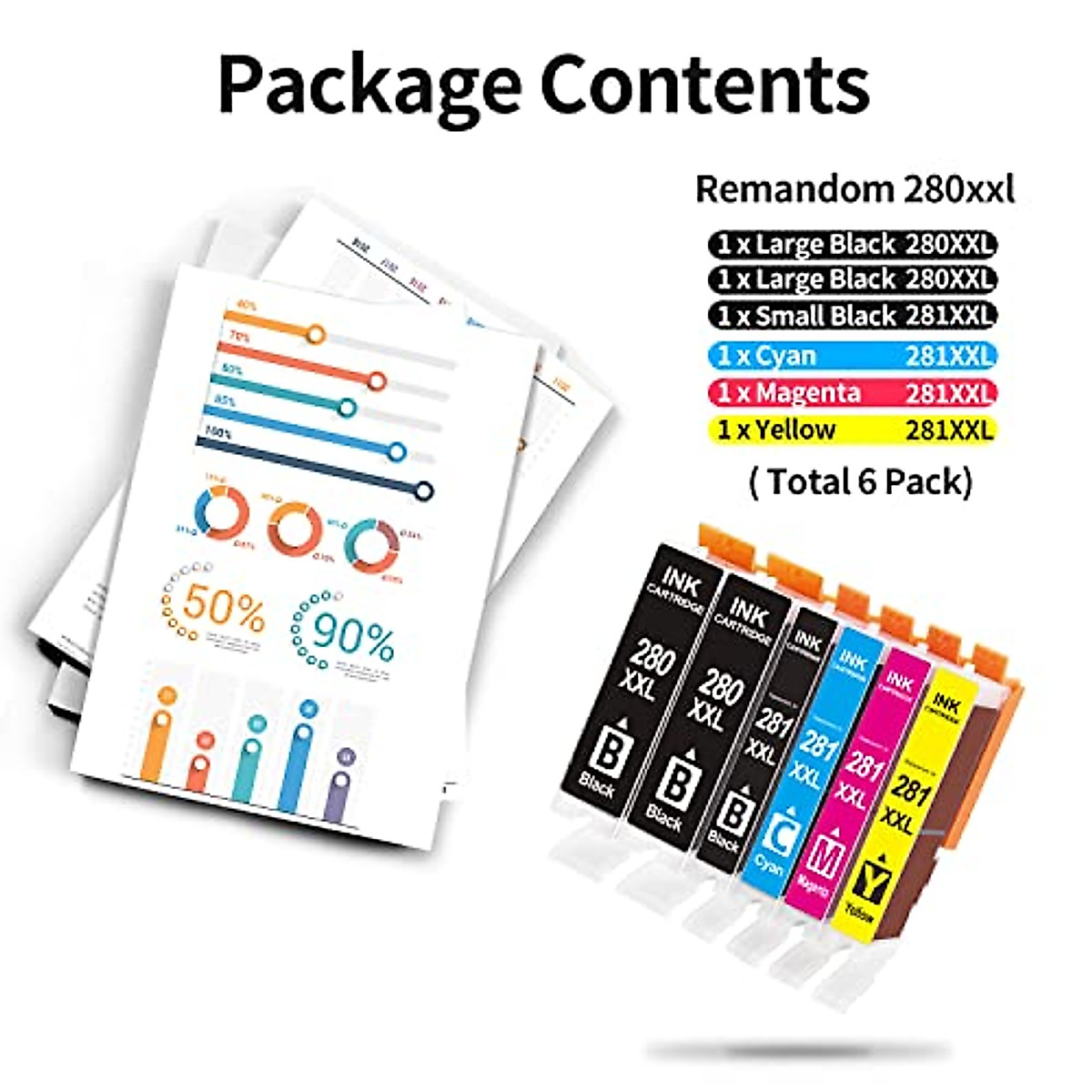 Remandom for PGI-280XXL CLI-281XXL Ink Replacement for Canon Printer Ink 280 281 Combo for Canon Pixma TR8620 TR7520 TR8520 TST6120 TS6220 TS6320 TS9521C Printer (6-Pack)