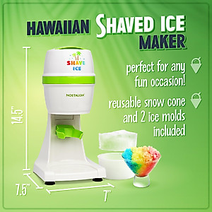 Nostalgia NESHVICE3HSID1 Snow Cone Shaved Retro Table-Top Slushie Machine-Includes 1 Reusable Plastic Cup and Ice Molds, White, Green