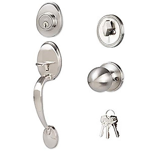 Ilyapa Front Entry Door Exterior Handleset - Classic, Satin Nickel Low Profile Door Lock Set Handle with Single Cylinder Deadbolt and Halifax Lever
