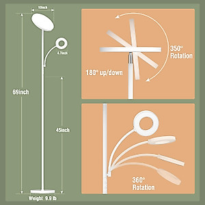 marctronic White Floor Lamp, 42W 4000LM Super Bright LED Room Lamp with Adjustable Reading Light,Dimmable Modern Standing Lamp with Remote & Touch Control for Room Bedroom Office Floor Light