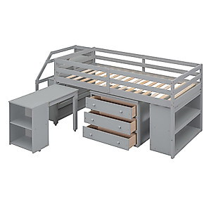 Loft Bed and 3 Drawers, Wooden Loft Bed with Storage Stairs and Shelves, Gray