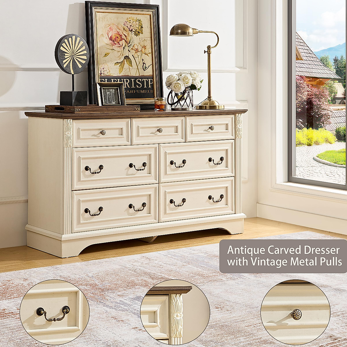 BLANKSPACE Rustic White Dresser for Bedroom,7 Drawers Dresser, Farmhouse Dresser for Living Room,7 Chest of Drawers with Thickened Wood Carving for Closet,Hallway