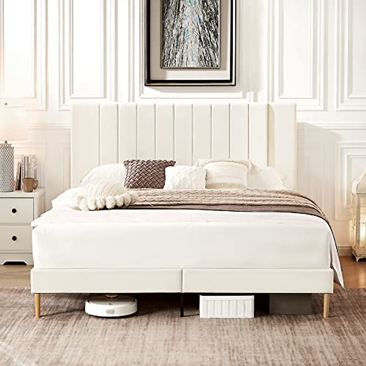 Flolinda Queen Size Platform Bed Frame with Velvet Upholstered Headboard and Wooden Slats Support, Fully Upholstered Mattress Foundation/No Box Spring Needed/Easy Assembly, Cream White