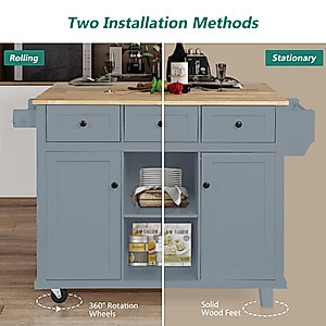 LUMISOL Kitchen Island with Drop Leaf, Rolling Kitchen Island Cart with Internal Storage Racks, Wood Kitchen Island on Wheels with Drawers, Spice Rack & Towel Rack, for Kitchen, Gray Blue