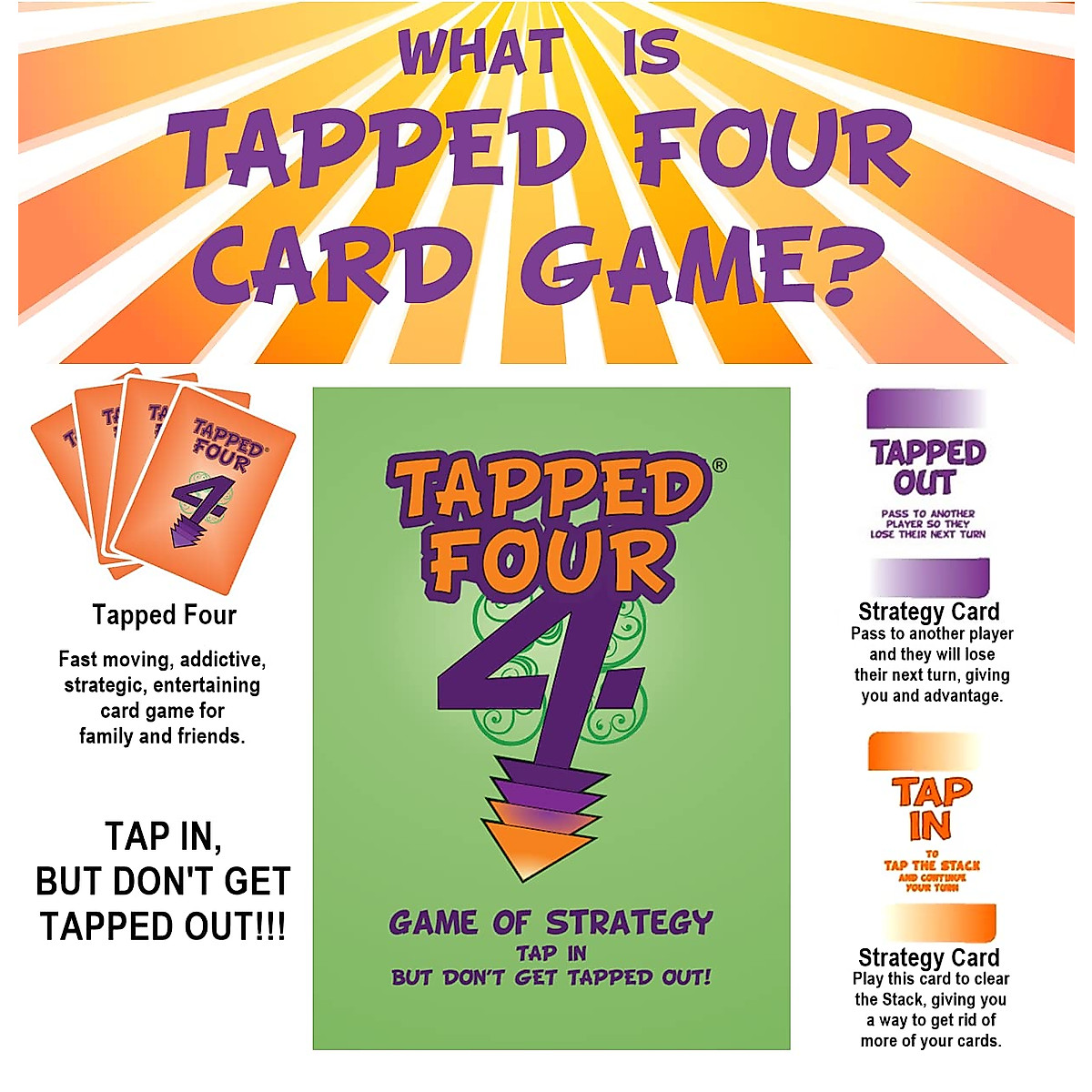 Tapped Four Card Game, 2 to 8 Players - Strategy, Luck, Laughter, Nonstop Fun for Family and Friends