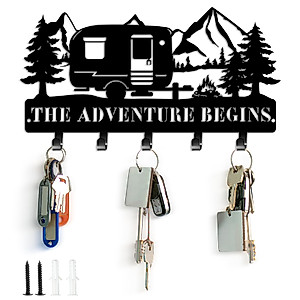 Maitys Keyholder for Wall Decorative Metal Camper Key Rack Hanger with Hooks Christmas Wall Decor Rustic Key Hook for Wall Mounted Decor for Entryway Front Door(Adventure Style, 11.02 x 5.51 Inch)