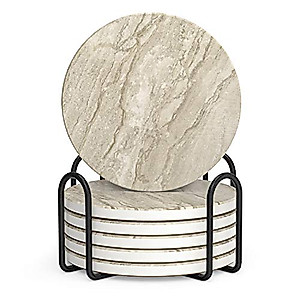 LIFVER Coasters for Coffee Table, Coasters for Drinks Absorbent, Drink Coasters, Housewarming Gift, Home Decor, Set of 6, Farmhouse Coaster Set with Holder, 4 Inches, Sandstone Style
