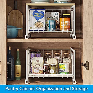 1Easylife Kitchen Counter Basket Wire Basket with Bamboo Top, 2 Tier Detachable Fruit Basket Metal Mesh Bin for Kitchen Organization and Storage, Spice Rack Organizer (White)