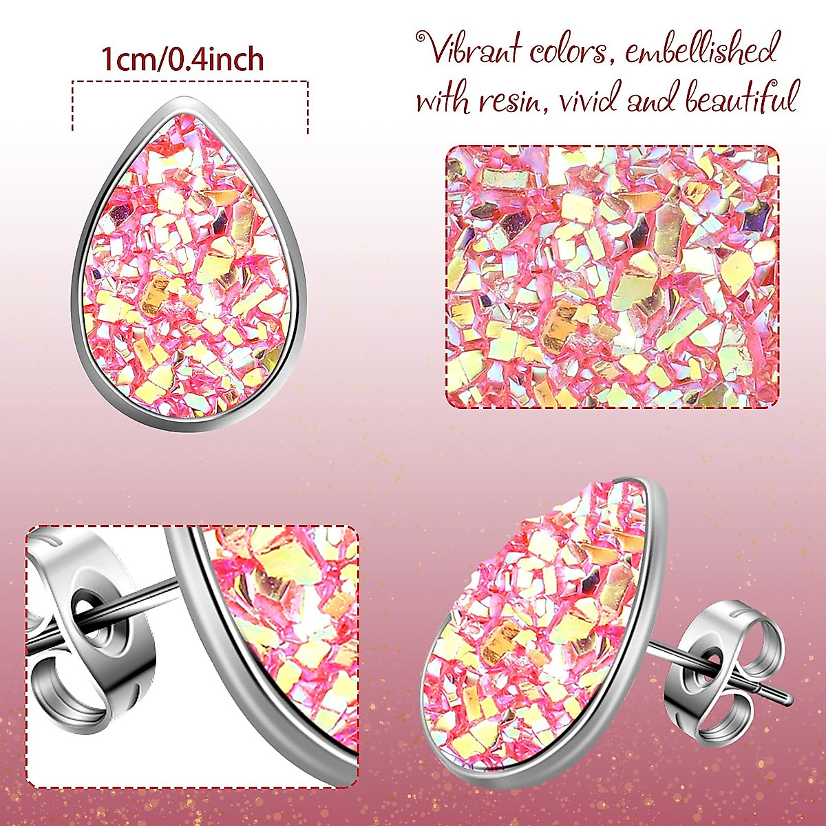 15 Pairs Faux Druzy Stud Earrings Teardrop Glitter Pierced Earrings Stainless Steel Earrings for Women Mothers Day Gift(Waterdrop)