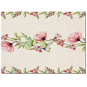 Indoor Area Rug, Red Teal Spring Floral Non Slip Carpet Pad Bathroom Mat, Rustic Summer Flowers Burlap Kitchen Runner Area Rug for Bedroom/Living Room/Kids Room 5'x7'