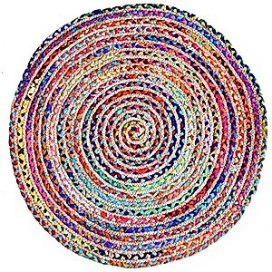 FRELISH DECOR Round Rug Area Rug, Jute & Cotton Multi Chindi Braid Rug, Hand Woven & Reversible- Handwoven from Multi-Color Vibrant Fabric Rugs Bohemian Colorful Rug (5 feet)