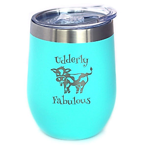 Bevvee Udderly Fabulous - Cow Wine Tumbler with Sliding Lid - Stemless Stainless Steel Insulated Cup - Funny Outdoor Camping Mug - Teal
