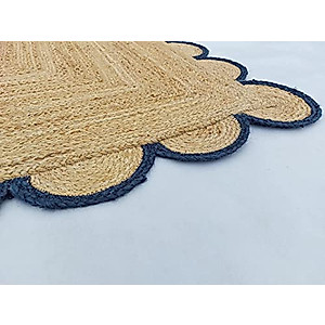 Jute Area Rug for Home and Living Room Décor Rectangular Scalloped Vintage Jute Area Rug Carpet Navy 2' x 3' by Varsha Textile