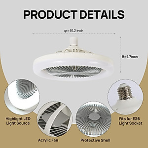 Enclosed Mini Ceiling Fan with Light, No Tools - Screw into any light socket 3 Speed Settings, 3 Brightness Settings up . Adjustable LED Mini Ceiling Fans for Bathroom/Bedroom/Living Room/Garage