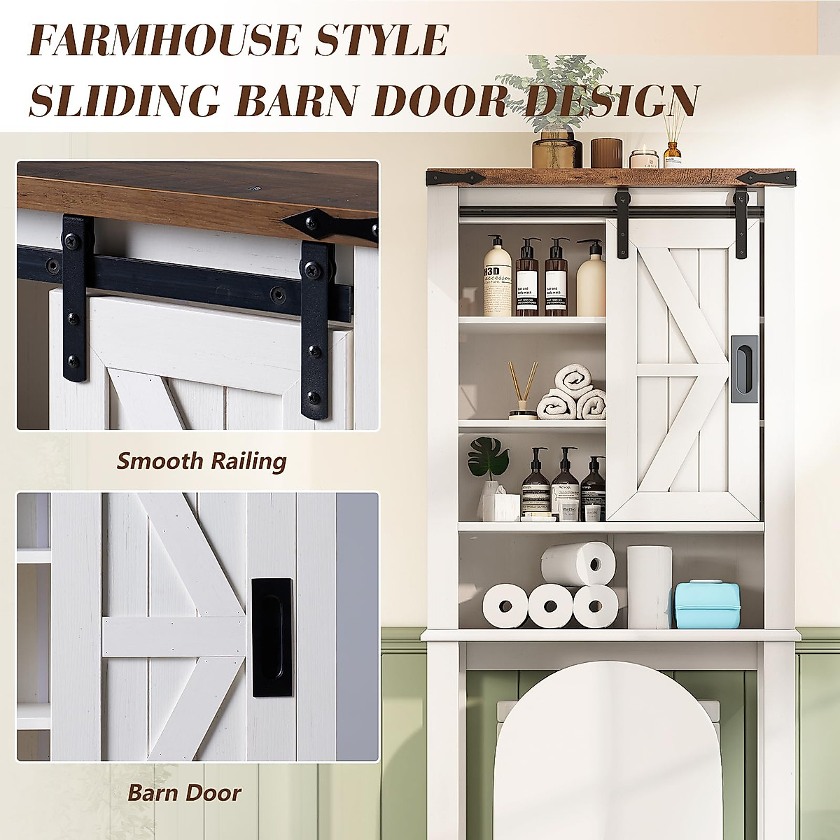 LUXOAK Farmhouse Over Toilet Cabinet, 68" Tall Toilet Organizer Stand with Sliding Barn Door & Adjustable Shelf, Above Toilet Storage for Bathroom, Laundry Room, Rustic Oak & White