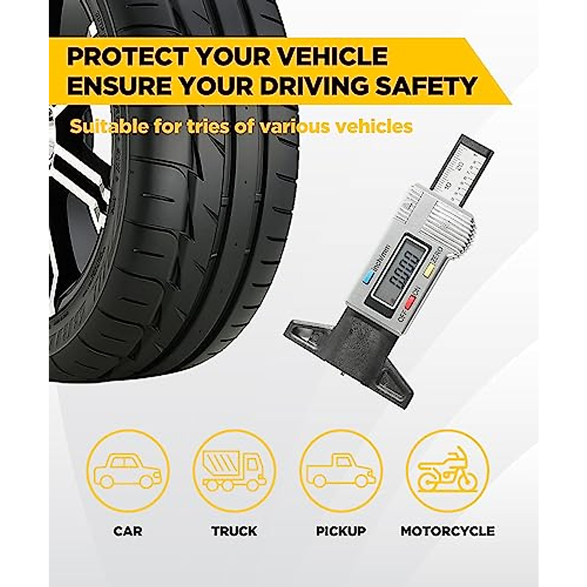 YAKEFLY Tire Tread Depth Gauge,LCD Display Tire Thread Measuring Gauge Digital Tire Depth Gauge with Inch Millimeter Conversion,Tire Tread Gauge Tire Tread Depth Measuring Tool