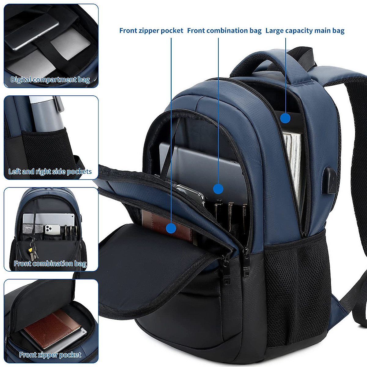 QinVi Travel Laptop Backpack College School Book Bag With USB Charging Port Durable Waterproof Anti Theft Computer 15.6inch Backpacks Fits Gifts For Youth Men & Women Blue