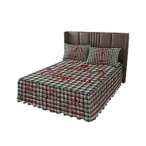 AMZRicher Christmas Wrap Around Pleated Bed Skirts for Queen Bed 60x80, Decorative Dust Ruffle Bed Sheet & Bedskirt 18'' Drop Bedspread with Pillow Case 20x30 Vintage Farmhouse Buffalo Lattice Red