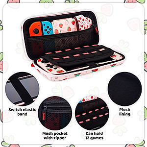 RHOTALL Cute Strawberry Carrying Case for Nintendo Switch, Hard Portable Travel Case for Switch Accessories with Protective Shell, Shoulder Strap, Game Card Case, Screen Protector and 2 Thumb Caps