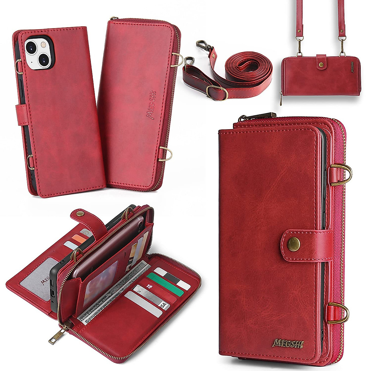 Misscase Compatible with iPhone 13 Wallet Case 2021,Multi-Function Wallet Case,2 in 1 Detachable Magnetic Wallet Case with Card Holder,PU Leather Flip Cover with Lanyard,13 Card Slots Red
