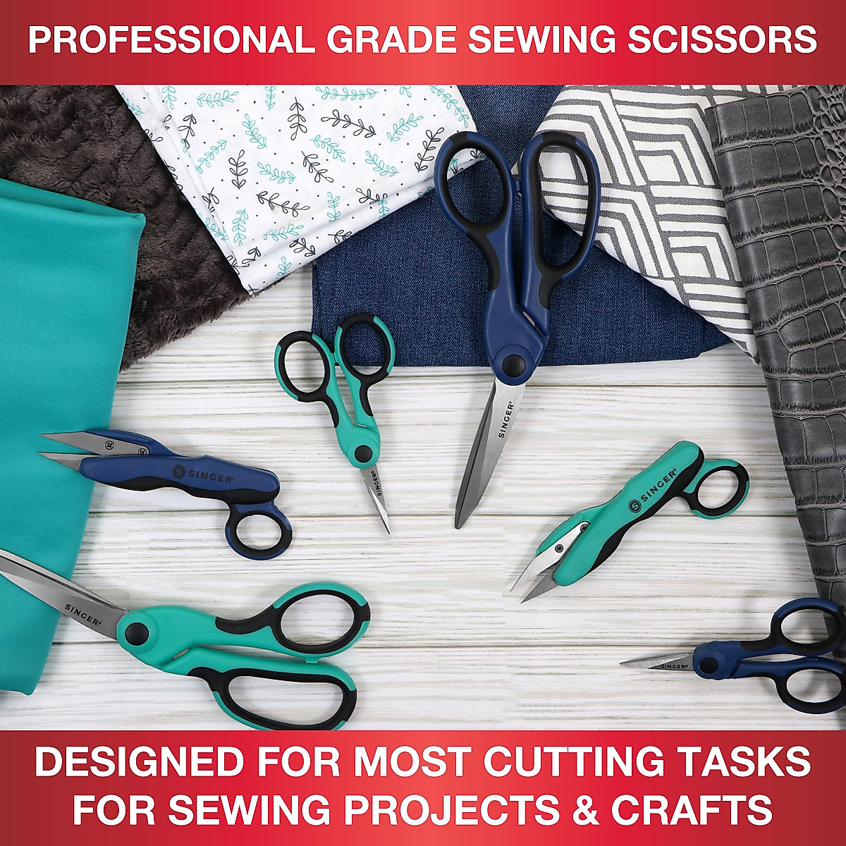 SINGER ProSeries Sewing Scissors Bundle, 8.5" Heavy Duty Fabric Scissors, 4.5" Detail Embroidery Scissors, 5" Thread Snips with Comfort Grip