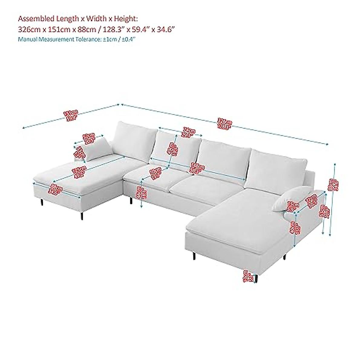 HBRR Modular Sectional Chaises, Oversized U Shaped Couch Linen Fabric Sofa Set, Beige