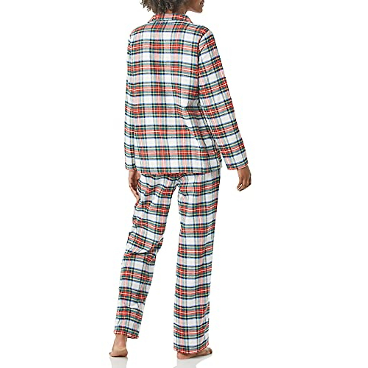 Amazon Essentials Women's Flannel Long-Sleeve Button Front Shirt and Pant Pajama Set, Red Tartan, Large