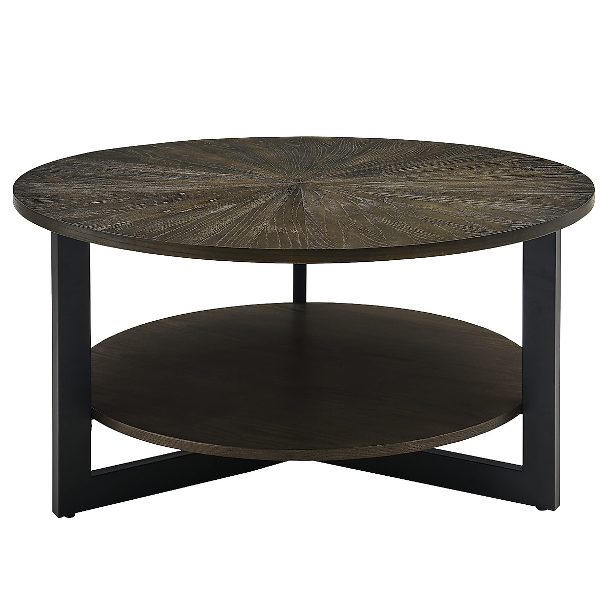 MODERION Round Coffee Table with Storage Shelf, Farmhouse Living Room Cocktail Table with Black Metal Legs, Circular Solid Wood Center Tea/ Sofa Table, 35.3''Dx17.8''H, Brushed Black KFZ1338BK