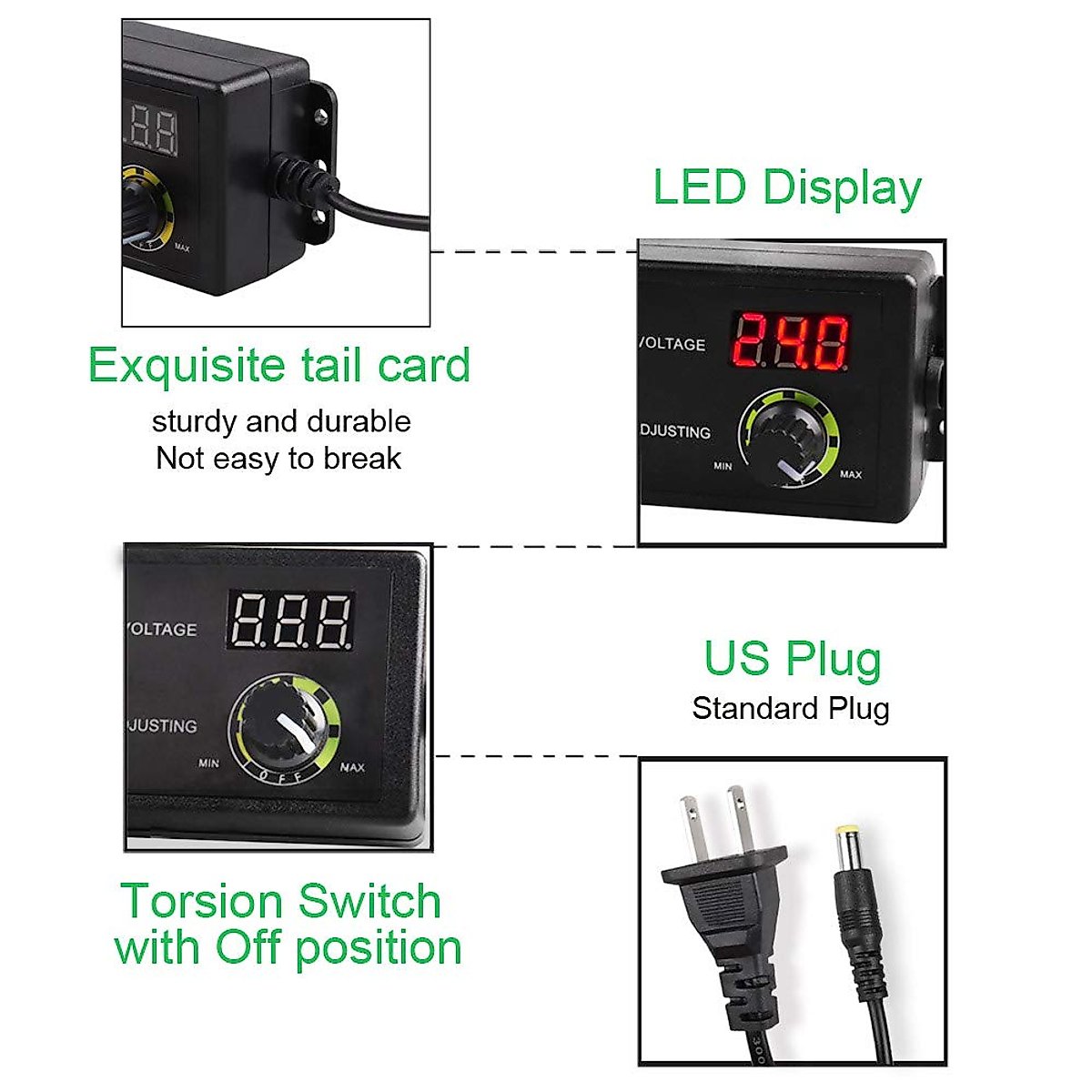 Universal 3V - 24V 1.5A 36W Adjustable DC Power Supply Adapter Speed Control Volt Display with Variable 8 Plugs and 1 Polarity Reverse Cable Cord