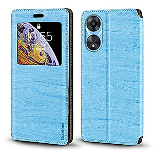 Shantime for Oppo A58X 5G Case, Wood Grain Leather Case with Card Holder and Window, Magnetic Flip Cover for Oppo A78 5G (6.56”) Sky Blue