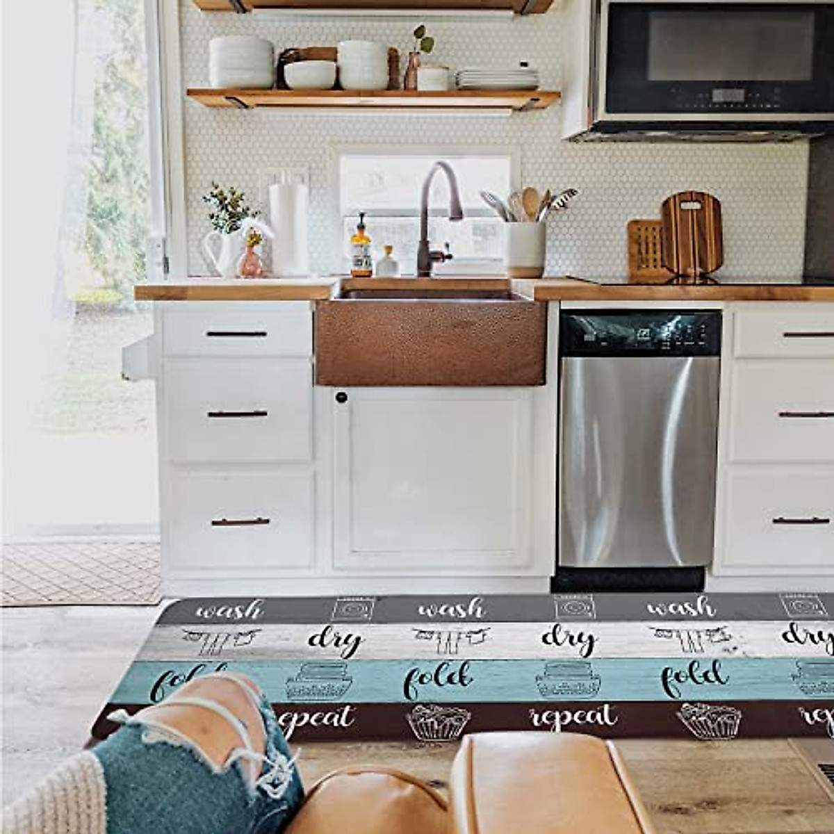 Laundry Room 1 PC Cushioned Anti-Fatigue Kitchen Mats and Rugs,Bathroom Dry Wash Fold Repeat Grey Blue White Brown Farmhouse Wood Bath Mat Area Rug Accent Runner Floor Indoor Doormat Standing Mat