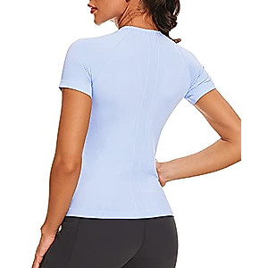 Stelle Women Workout Shirts Seamless Short Sleeve Yoga Tops for Sports Running Breathable Athletic Slim Fit (Short Sleeve-Blue,S)
