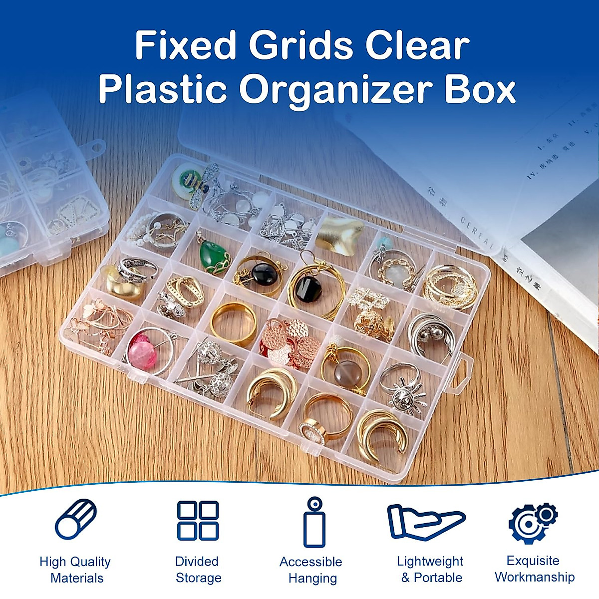 MroMax Fixed 24 Grids Clear Plastic Organizer Box Container Craft Storage, PP Organizer Box for Beads Organizer Art DIY Crafts Jewelry Fishing Tackles