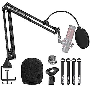 Microphone Arm Stand, TONOR Adjustable Suspension Boom Scissor Mic Stand with Pop Filter, 3/8" to 5/8" Adapter, Mic Clip, Upgraded Heavy Duty Clamp for Hyperx Blue Yeti Rode Elgato etc. Mics (T20)