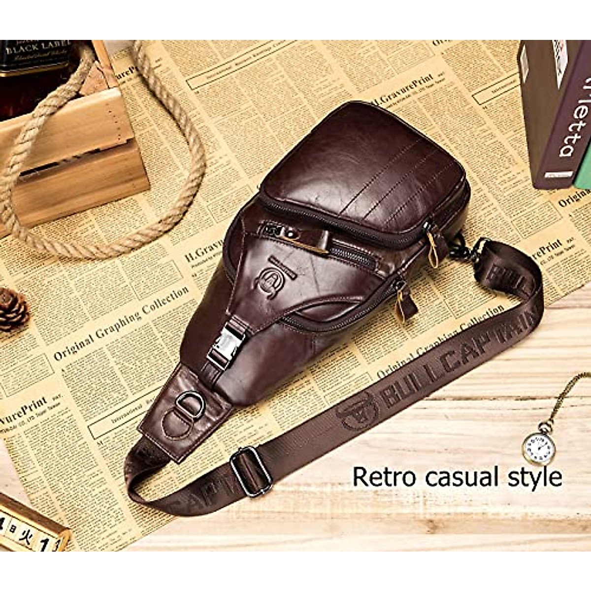 BULLCAPTAIN Men Sling Chest Bag Genuine Leather Casual Multipurpose Crossbody Shoulder Backpack Travel Hiking Daypack (Brown)