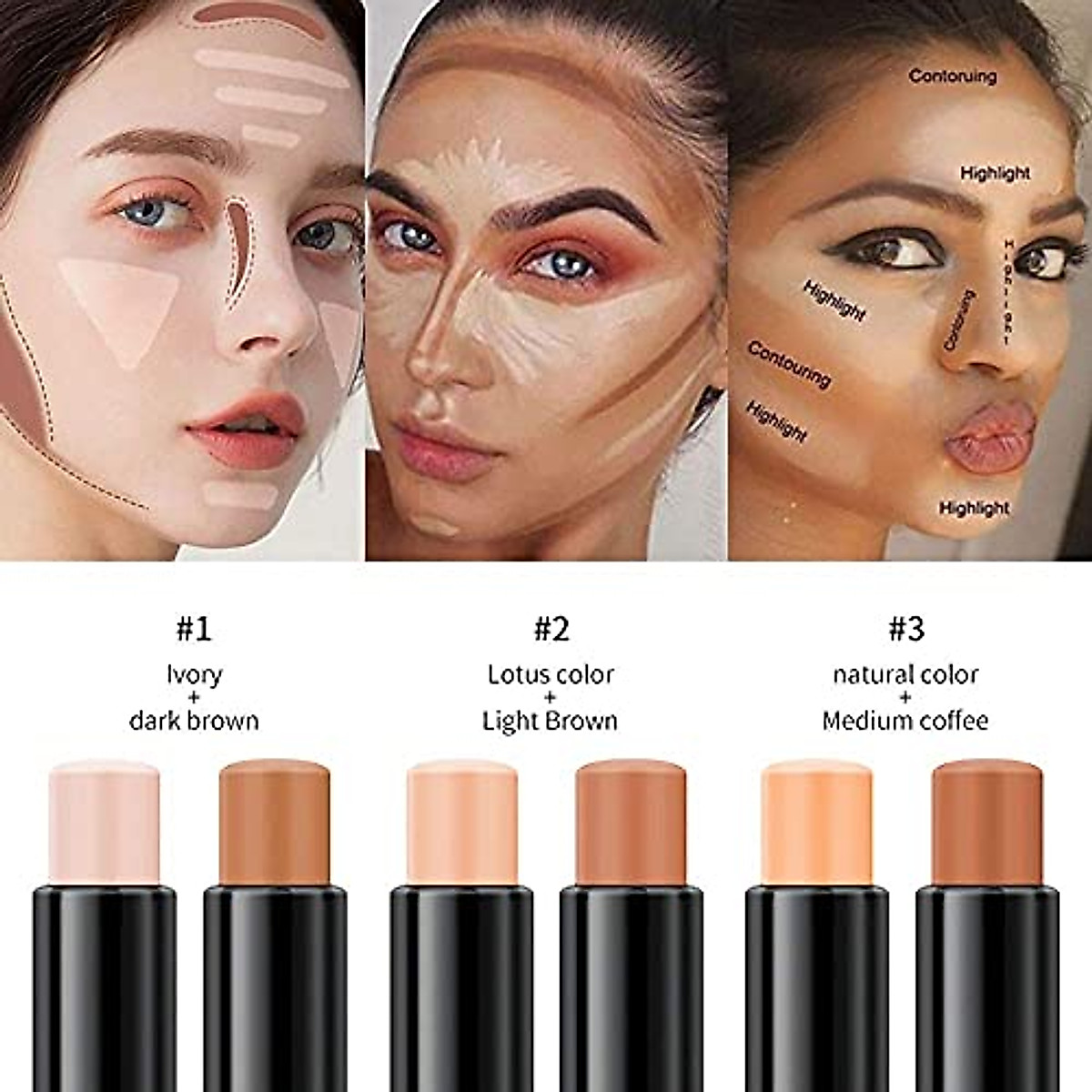 Mysense 6 Colors Cream Contour Stick,Contouring Concealer Highlighter Stick,Double Head Body Face Brightens & Shades Make Up Foundation Cream Pen,3pcs