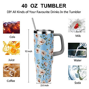 40 oz Insulated Tumbler for Women, Birthday Gifts for Women, Personalized Leakproof Tumblers with Flower, Double-Wall Vacuum Travel Mug with Handle Stainless Steel Straw and silicone sleeves (Blue)