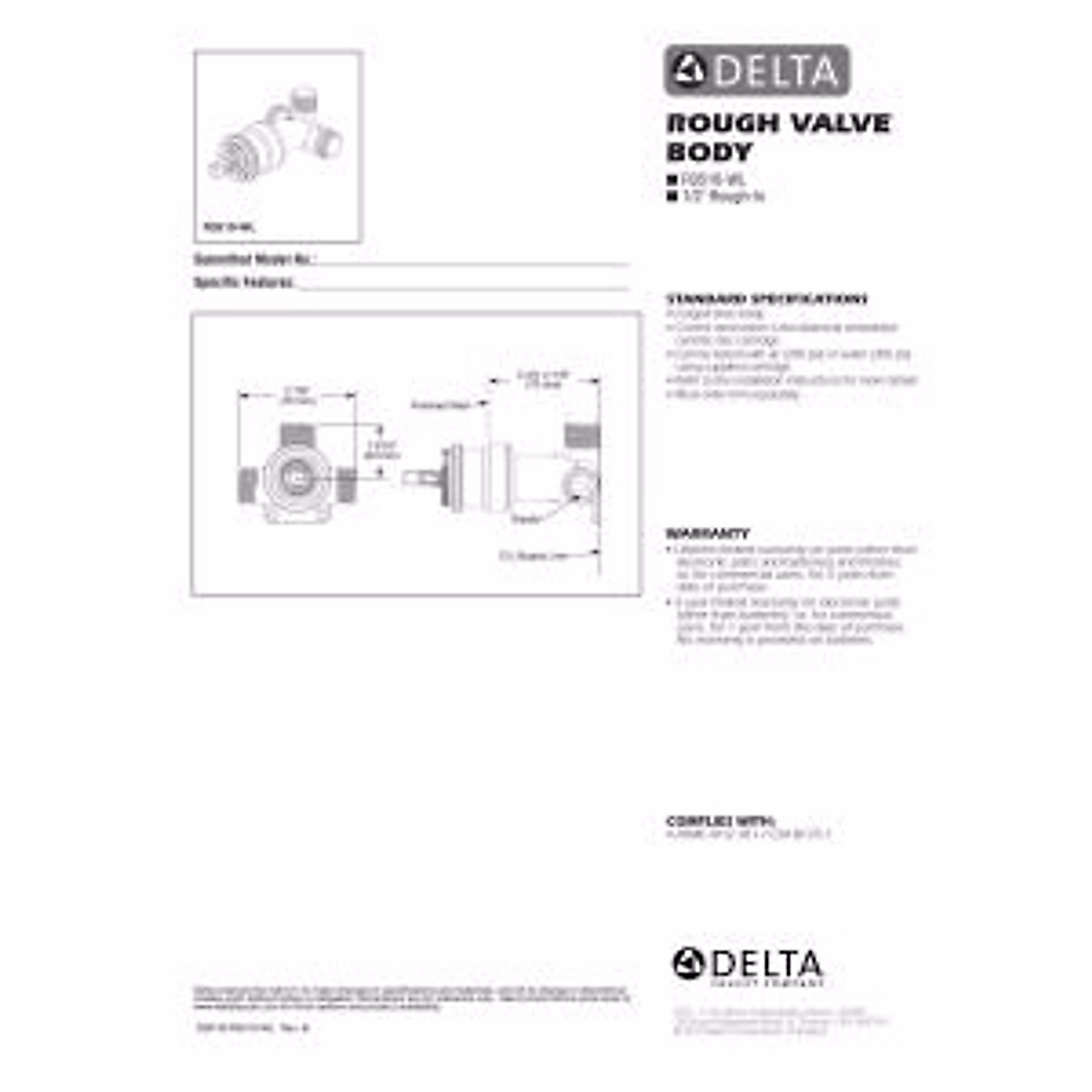 Delta Faucet Wall-Mount Rough-In Valve for Delta Single-Handle Wall-Mount Bathroom Faucets R3510-WL