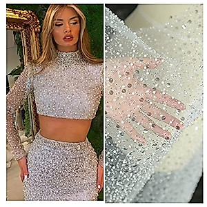 BENECREAT 63x39 Inch Glitter Tulle Fabric with Sequin and Beads, White Ribbon Netting Fabric for Clothing Accessories Sewing Quilting Apparel Crafts Decor