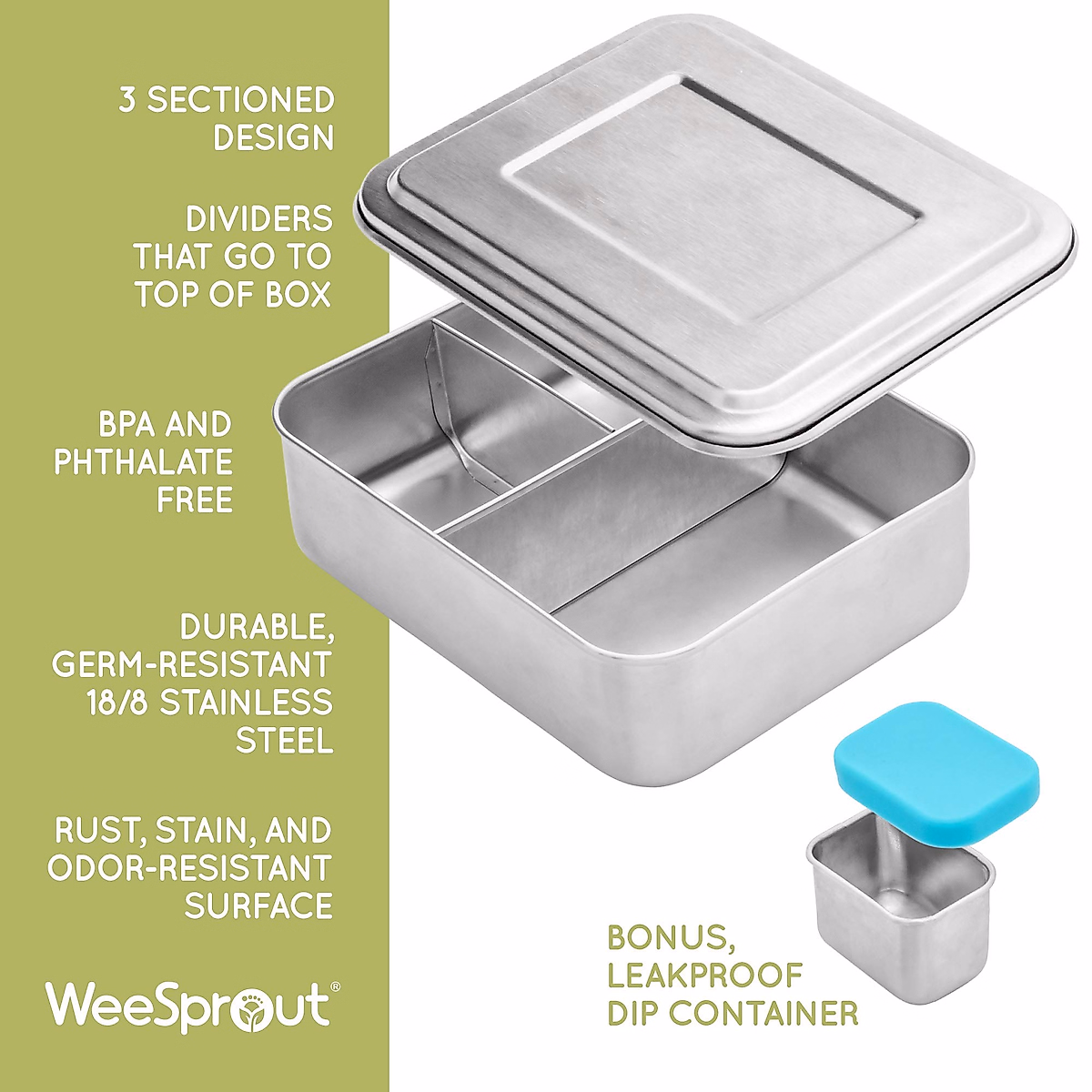 WeeSprout 18/8 Stainless Steel Bento Box (Large) - 3 Compartment Metal Lunch Box, Skid-proof Silicone, for Kids & Adults, Bonus Dip Container, Fits in Lunch & Work Bags, Dishwasher & Freezer Friendly