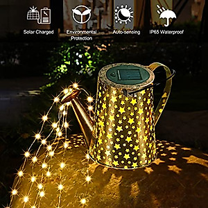 Solar Watering Can with Lights, Outdoor Decorative Garden Light Solar Fairy Lights, Waterproof Metal Retro Star Shower Art Hanging Waterfall Lights for Patio Lawn Yard (with Shepherd Hook)