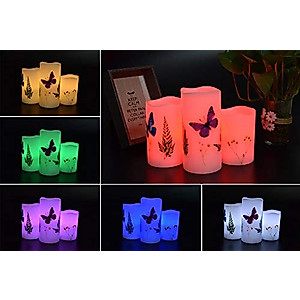 UNIVELA Candles Set of 3 Flameless 4" 5" 6" Unscented Tealight Butterfly Flower Plants Decor Real Wax Pillar Candle LED Lights 12 Color Changing 4H 8H Timer Remote Control AAA Batteries Operated