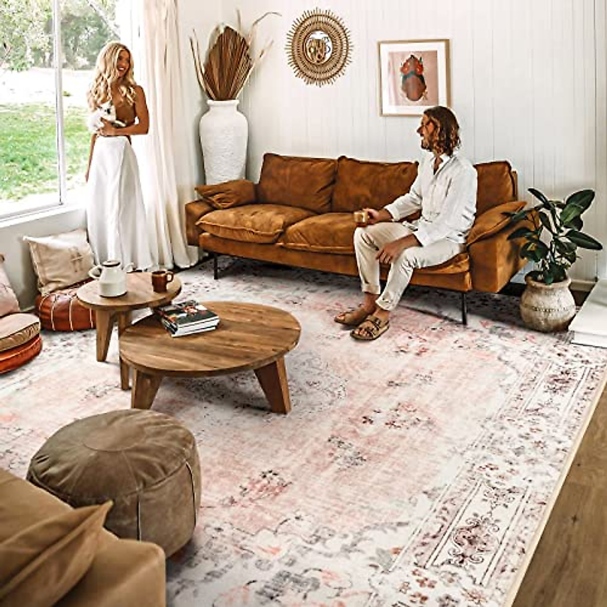 MUJOO Pink Rug 8'x10' Area Rugs for Living Room Washable Large Boho Rug for Bedroom Non Slip Abstract Soft Low-Pile Floral Flowers