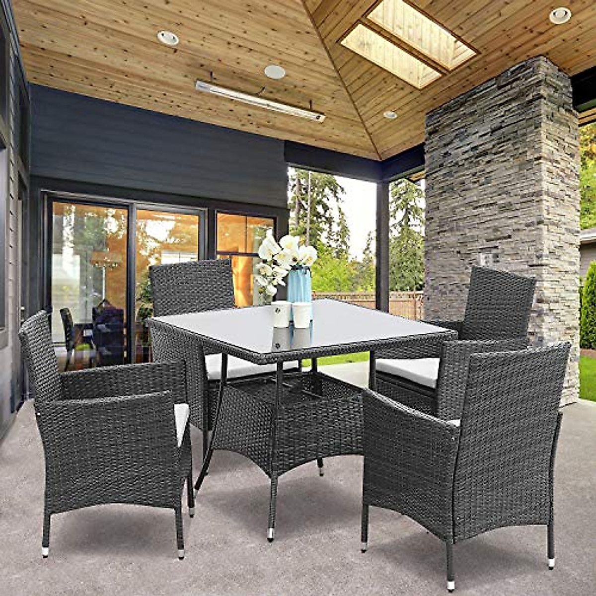 Odoor Direct 5 Piece Patio Dining Set, Patio Table and Chairs Set for 4, Wicker Outdoor Furniture, Square Tempered Glass Tabletop with Umbrella Hole, for Balcony, Backyard, Front Porch,Grey