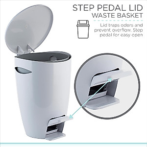 Bath Bliss 5 Liter Step Pedal Trash Bin | Soft Close Lid | Hands Free | Small Waste Basket | Garbage Can | Contemporary Design | Bathroom | Office | Dorm | White