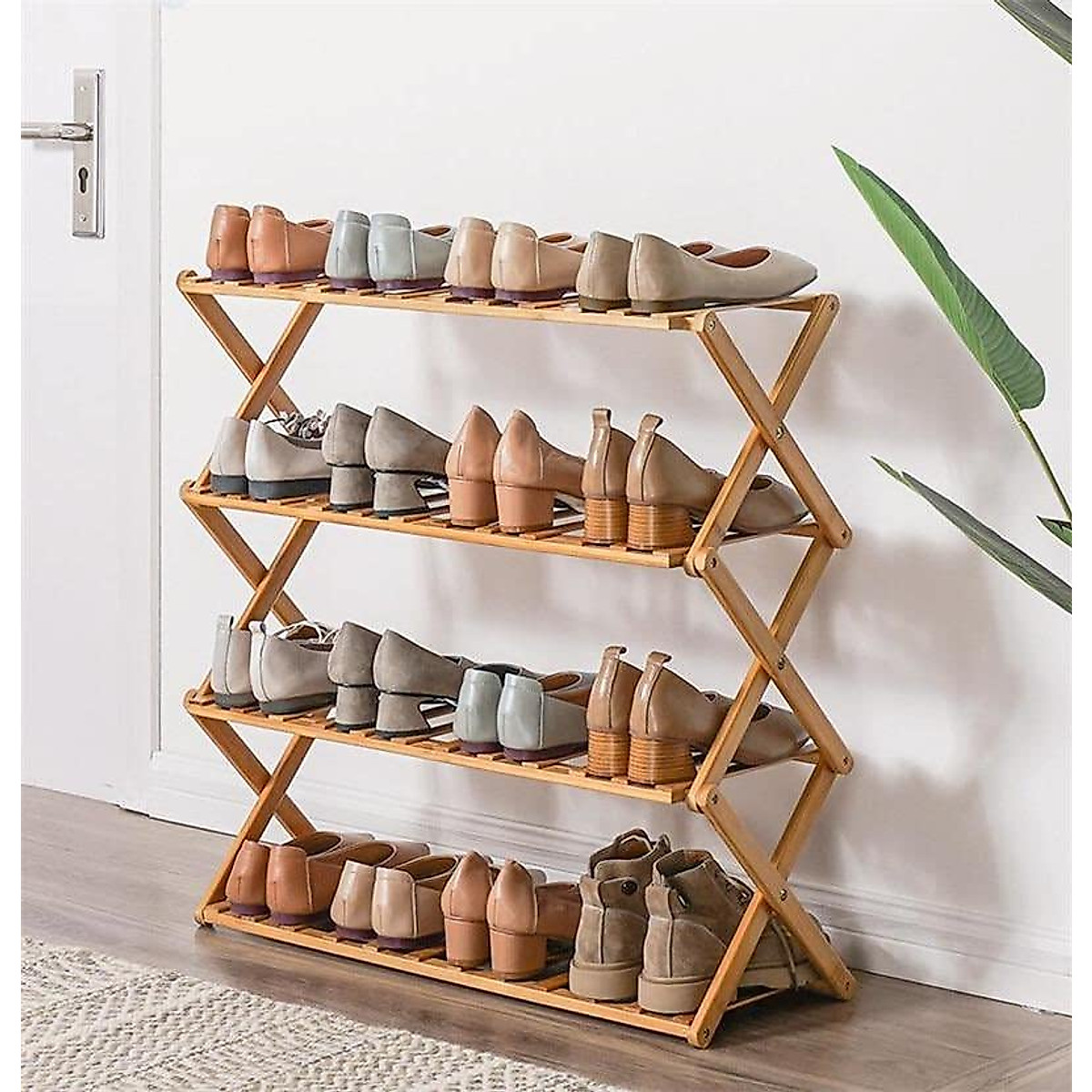 Mandorra Bamboo Shoe Rack 4 Tier Space Saving Free Standing Shoe Shelf No Assembly Foldable Shoe Rack Storage Organizer for Closet Hallway Bathroom Living Room Bedroom, Balcony, Folding (Natural)