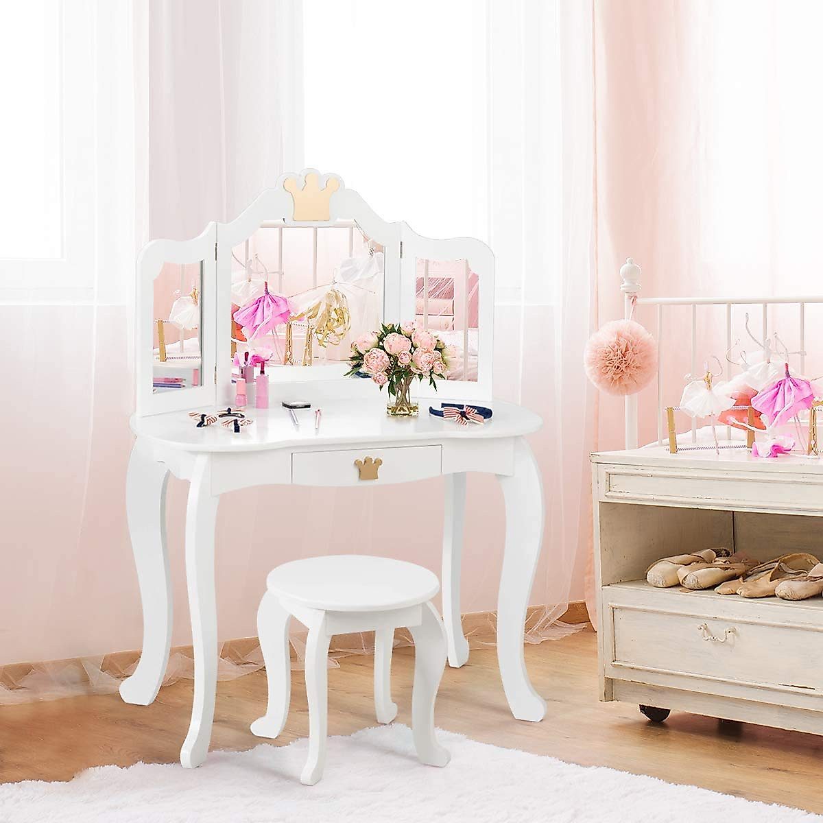 Costzon Kids Vanity Table and Chair Set, Princess Makeup Dressing Table with Drawer & Tri-Folding Mirror, 2 in 1 Vanity Set with Detachable Top, Pretend Beauty Play Vanity Set for Girls (White)